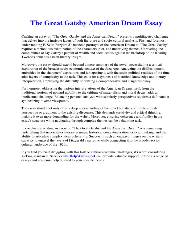 The Great Gatsby American Dream Essay | PDF | The Great Gatsby | Prison