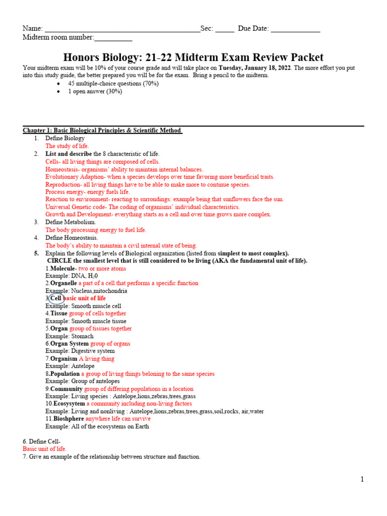 Honors Biology Midterm Review Packet | PDF | Cell (Biology) | Cell Membrane
