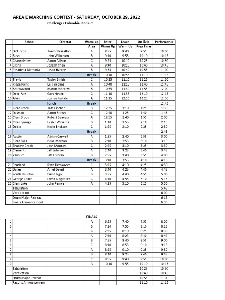 Area E Marching Contest Schedule | PDF