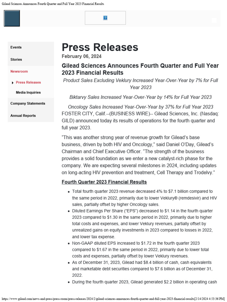 Gilead Sciences Announces Fourth Quarter and Full Year 2023 Financial Results | PDF | Clinical ...