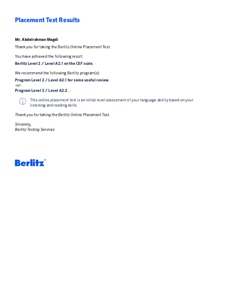 Berlitz Online Testing | PDF