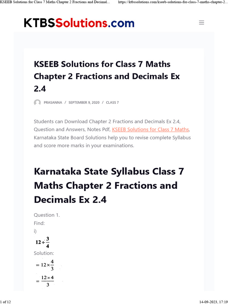 Kseeb Solutions For Class 7 Maths Chapter 2 Fractions And Decimals Ex 2