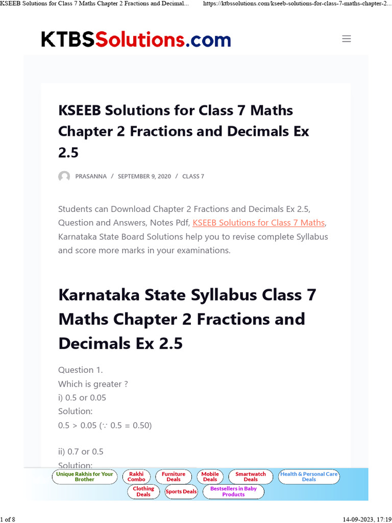 KSEEB Solutions For Class 7 Maths Chapter 2 Fractions and Decimals Ex 2 ...
