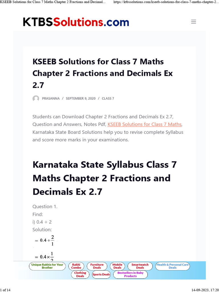 KSEEB Solutions For Class 7 Maths Chapter 2 Fractions and Decimals Ex 2 ...