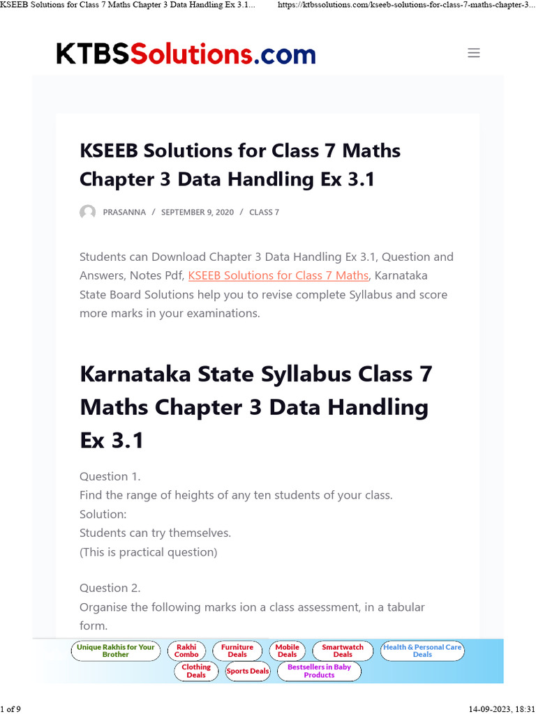 KSEEB Solutions For Class 7 Maths Chapter 3 Data Handling Ex 3.1 - KTBS Solutions | PDF