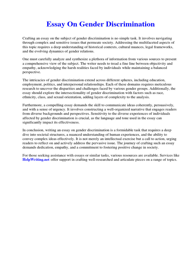 Essay on Gender Discrimination | PDF | Gender | Gender Studies