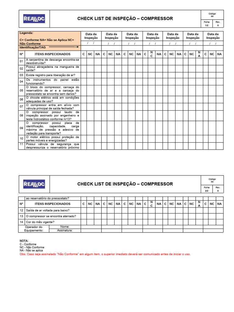 Check List de Inspeção - Compressor | PDF | Bens manufaturados
