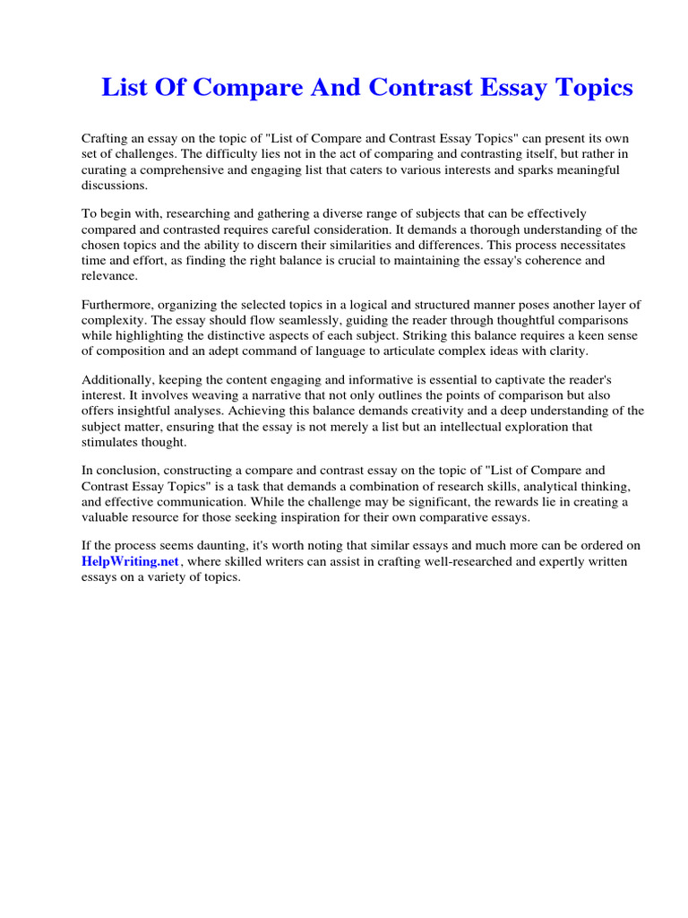 List of Compare and Contrast Essay Topics | PDF | Essays | Feminism