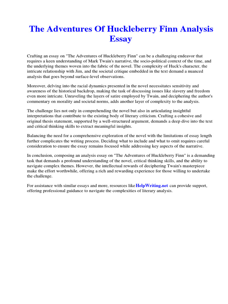The Adventures of Huckleberry Finn Analysis Essay | PDF | Adventures Of ...