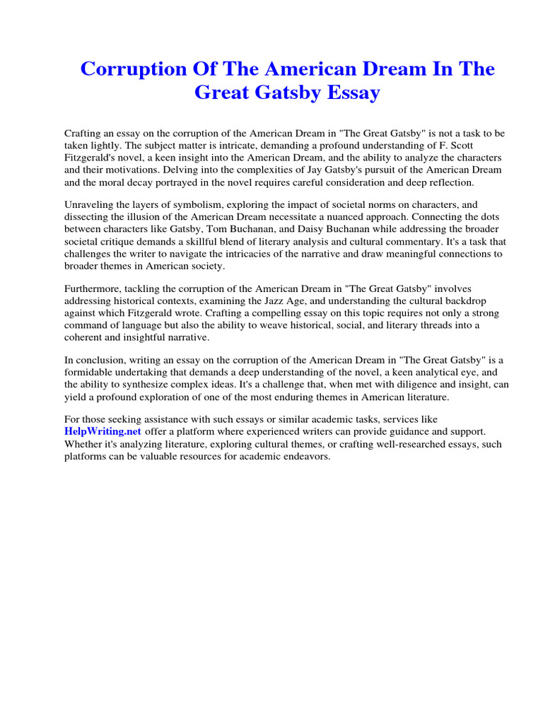 Corruption of The American Dream in The Great Gatsby Essay | PDF | The ...