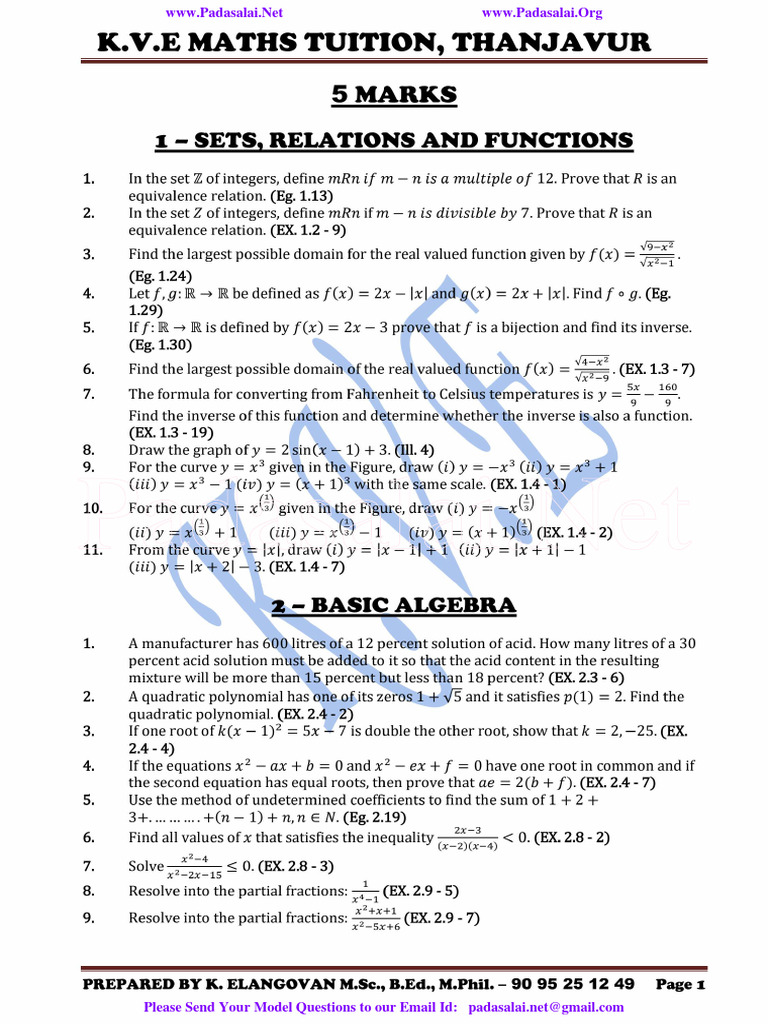 93-11th Maths - Important 5 Mark Questions - English Medium PDF Download | PDF | Home & Garden