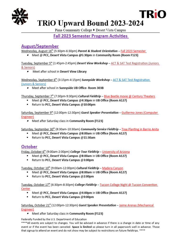 Fall 2023 Semester Activities Calendar | PDF