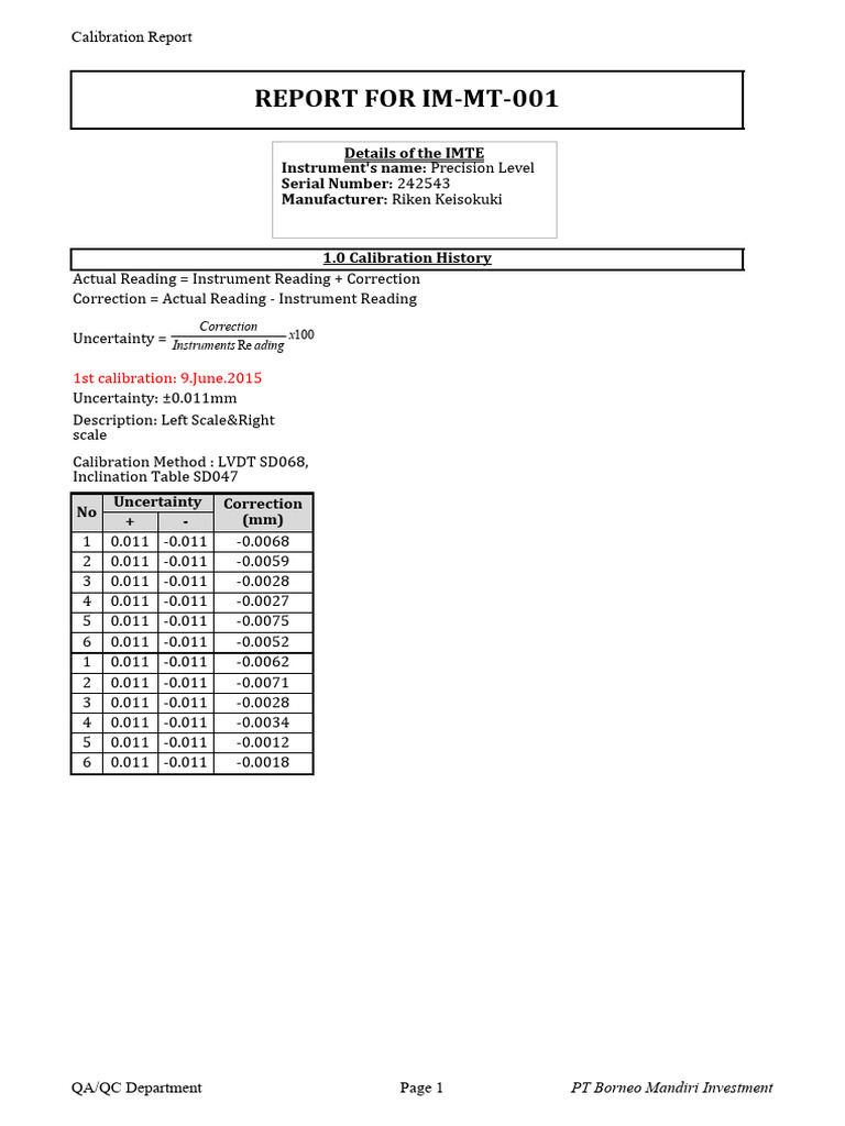 Calibration Report for Precision Instruments | PDF | Calibration | Science