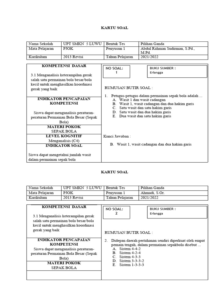 Kartu Soal Us Pjok | PDF