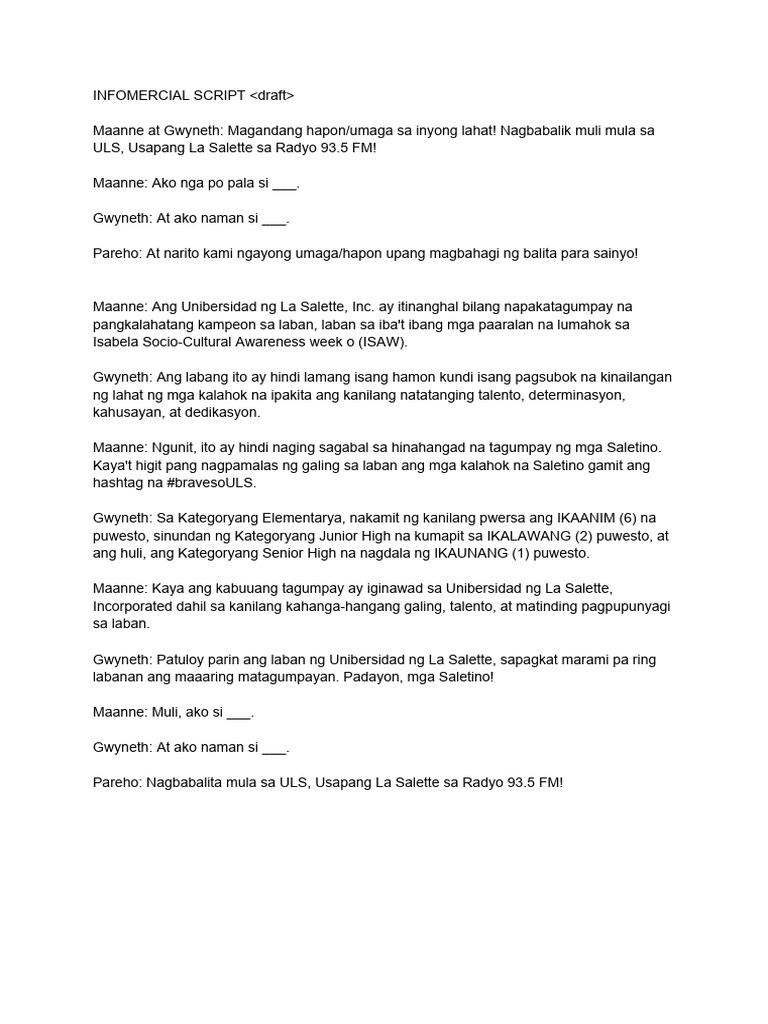 INFOMERCIAL SCRIPT Draft | PDF