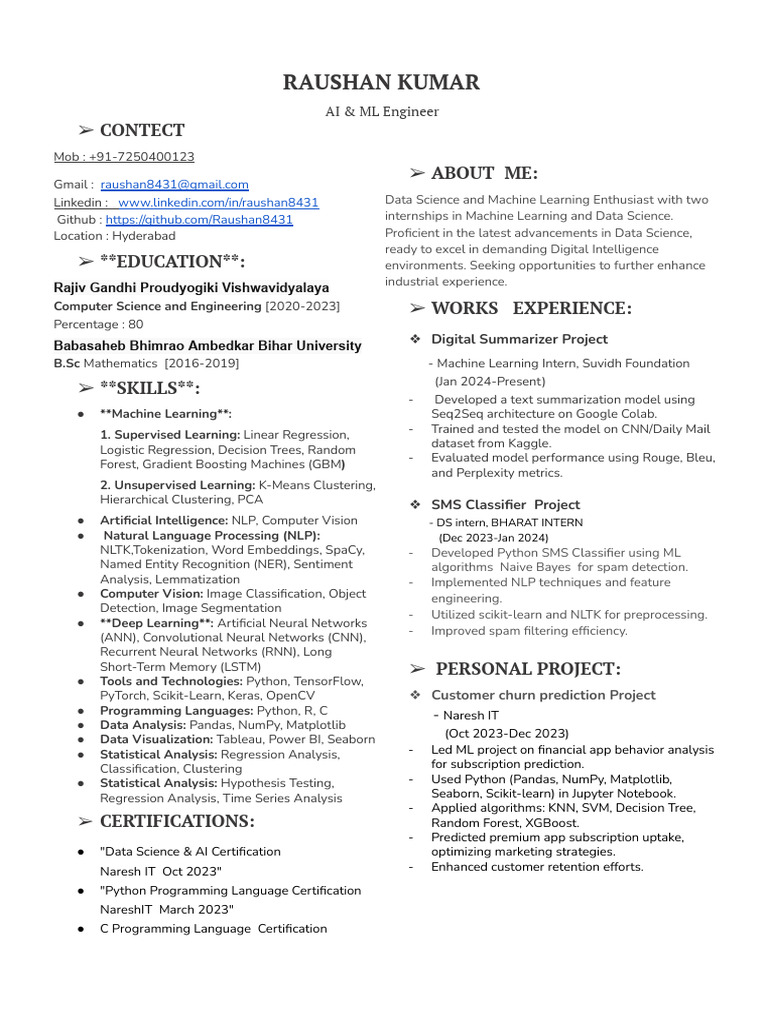 CV Raushan 24 | PDF | Machine Learning | Artificial Intelligence