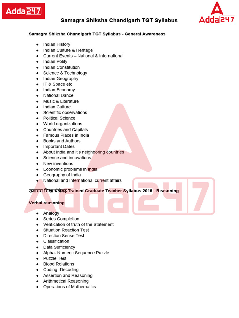 Samgrah Shiksha Chandigarh TGT Syllabus Part A | PDF | Science | Reason