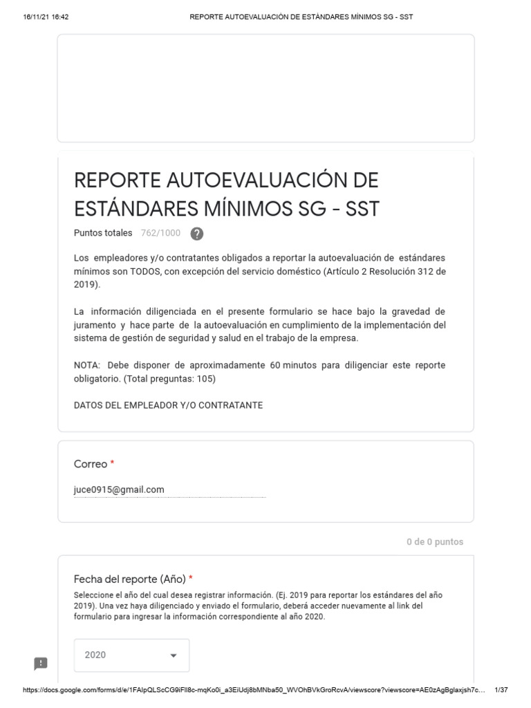 10.reporte Autoevaluación de Estándares Mínimos SG - SST 2020 | PDF