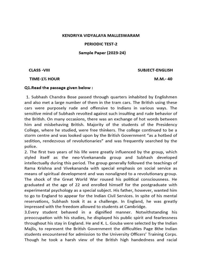 Sample Paper Eng PT 2 VIII | PDF | Cataract | Cancer