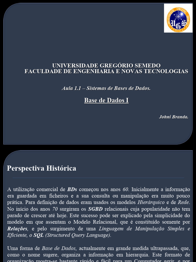 BDI (Aula 1.1) - Sistemas de Bases de Dados - 093227 | PDF | Sistema operacional | Bancos de dados