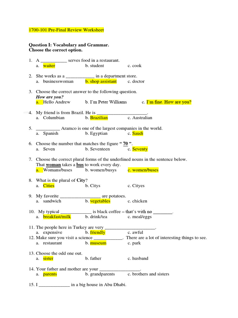Eng 101 Pre Final Review Worksheet | PDF