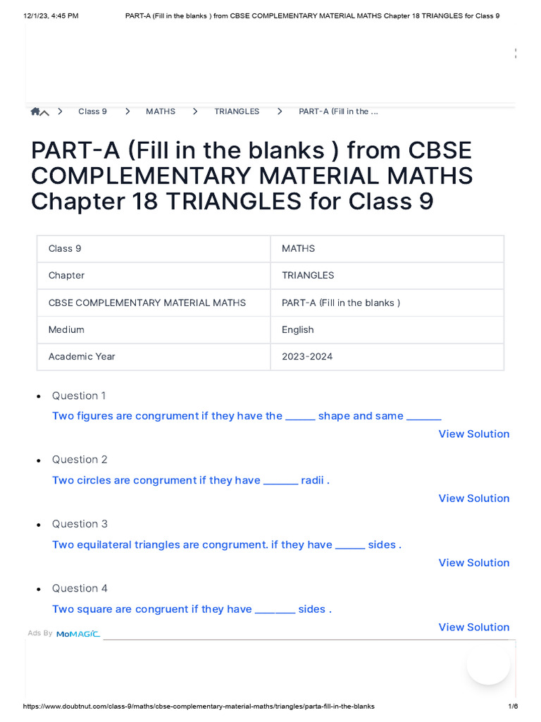 Part-A (Fill in The Blanks) From Cbse Complementary Material Maths Chapter 18 Triangles For ...