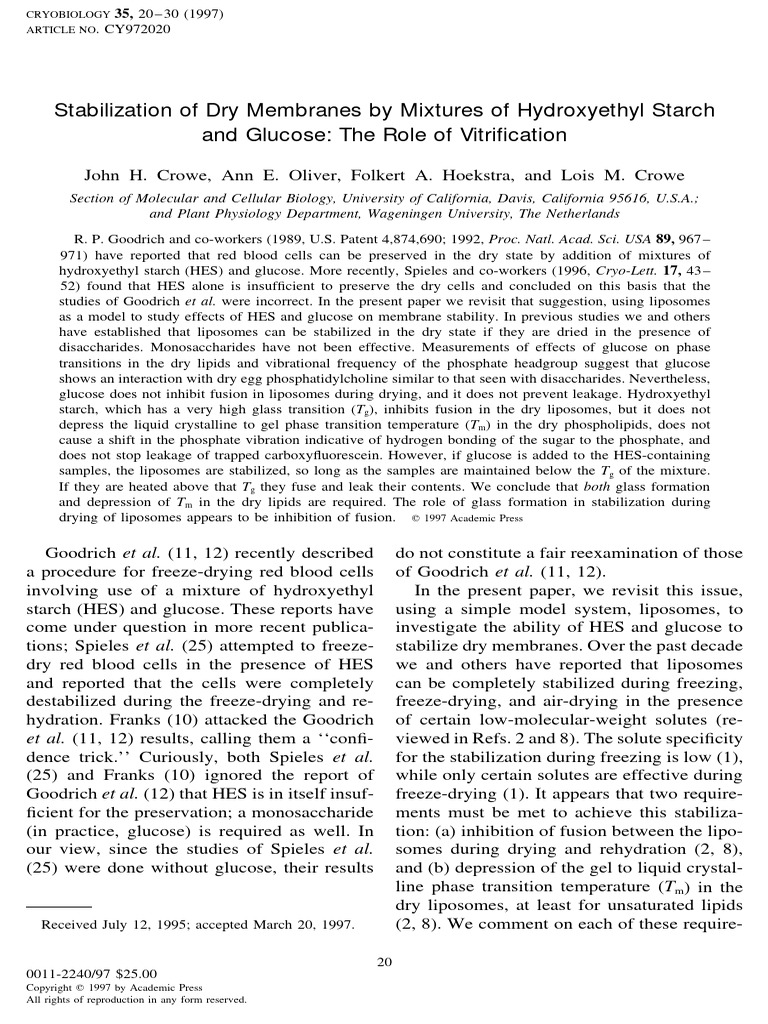 Stabilization of Dry Membranes - Cryo.1997.2020 | PDF | Glucose ...