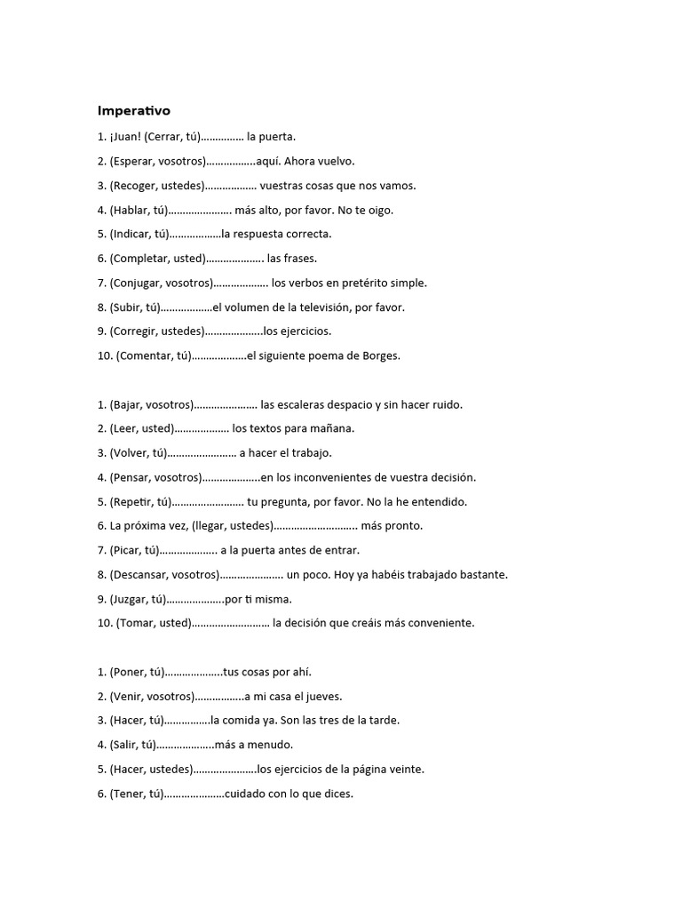 Imperativo Afirmativo Regular e Irregular A1 ELE | PDF