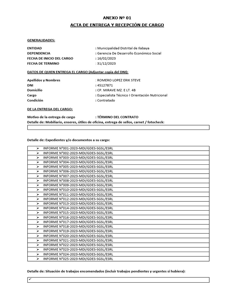 Acta de Entrega y Recepcion de Cargo | PDF