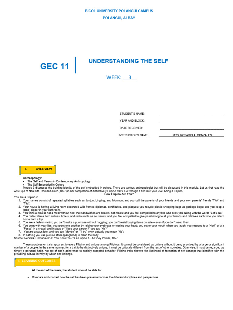 Module 3 GEC 11 Understanding The Self | PDF | Self Concept | Identity (Social Science)