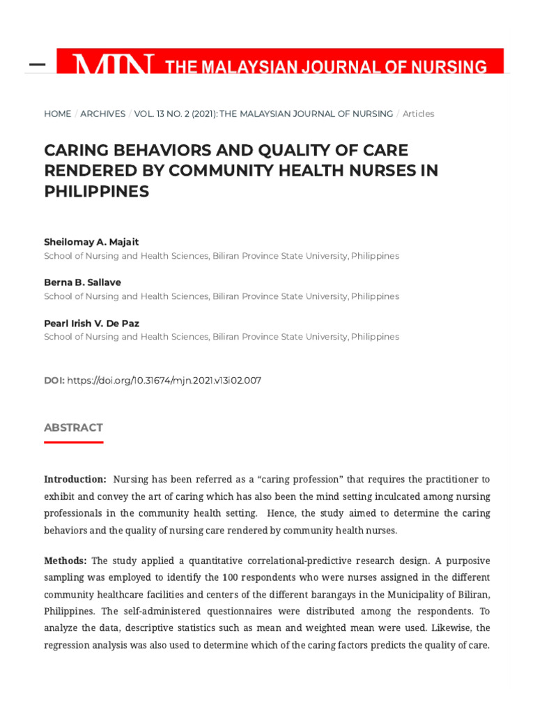 Caring Behaviors and Quality of Care Rendered by Community Health ...