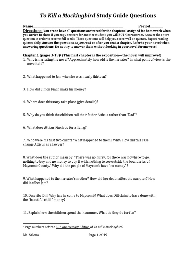 Tkam Study Guide Questions | PDF | To Kill A Mockingbird