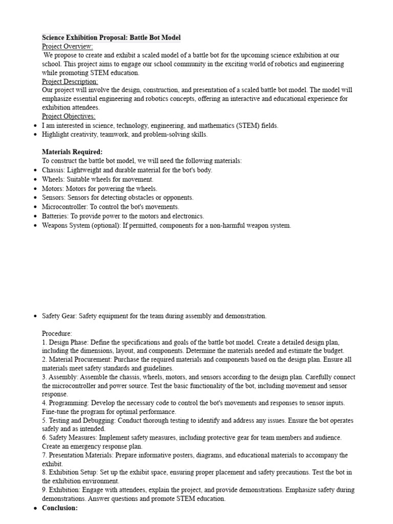 Battle Bot Model Proposal for Exhibition | PDF | Robotics | Engineering