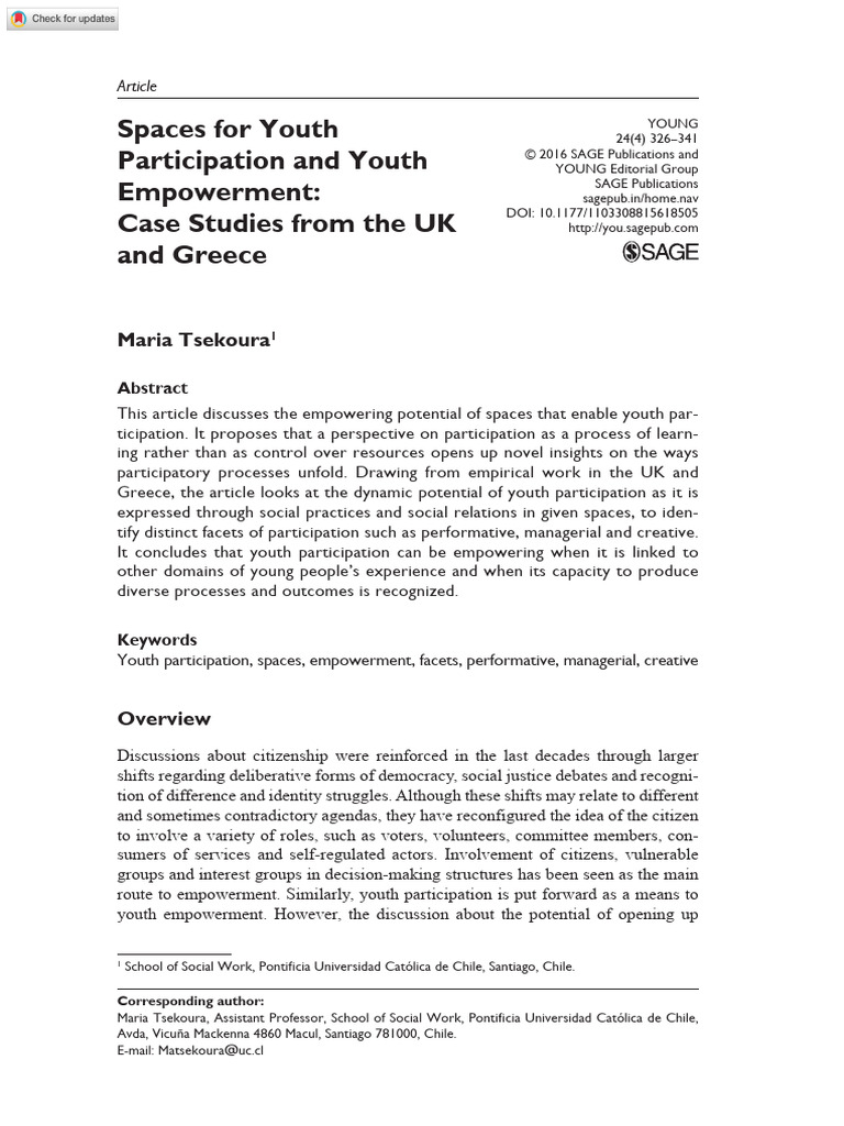 Tsekoura 2016 Spaces For Youth Participation and Youth Empowerment Case Studies From The Uk and ...