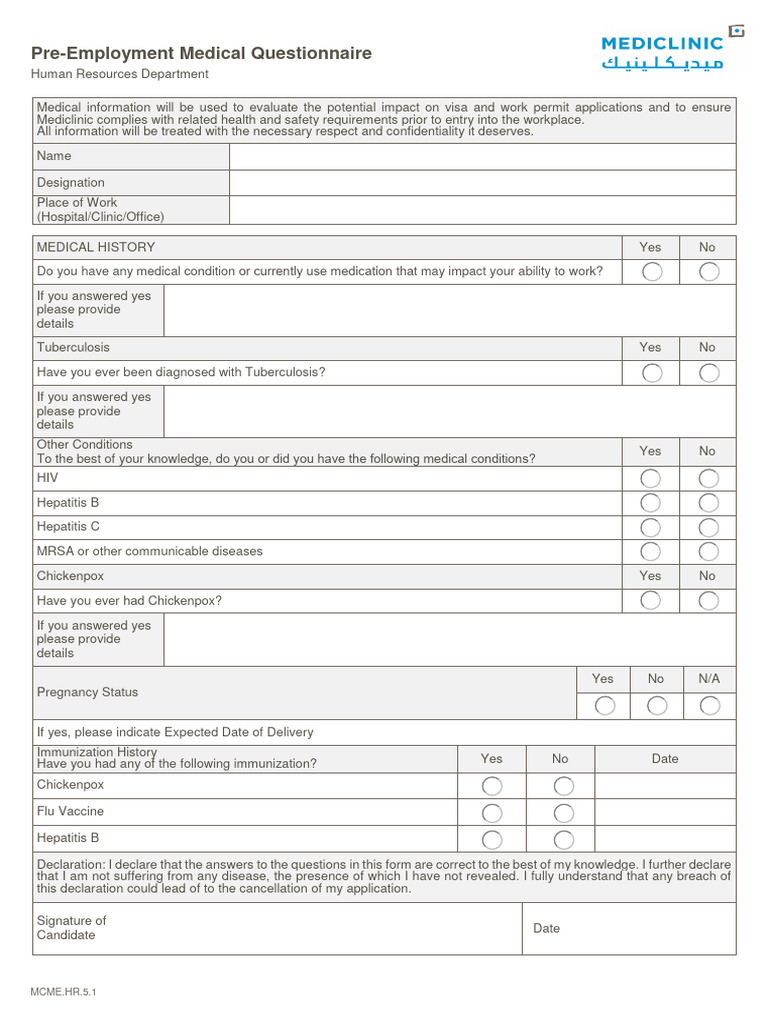 Pre Employment Questionnaire | PDF
