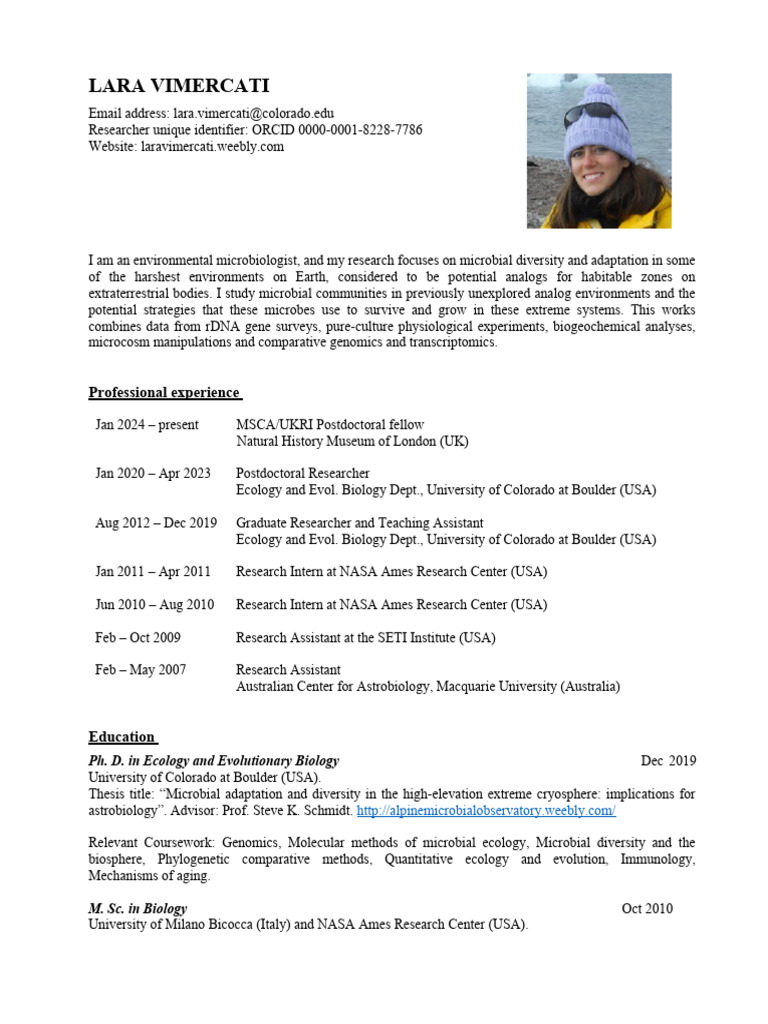 Lara Vimercati CV January 2024 | PDF | Microorganism | Astrobiology