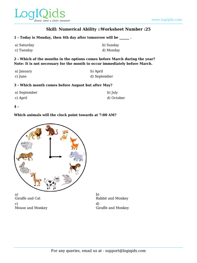 Skill: Numerical Ability::Worksheet Number:25: A) Saturday B) Sunday C) Tuesday D) Monday | PDF ...