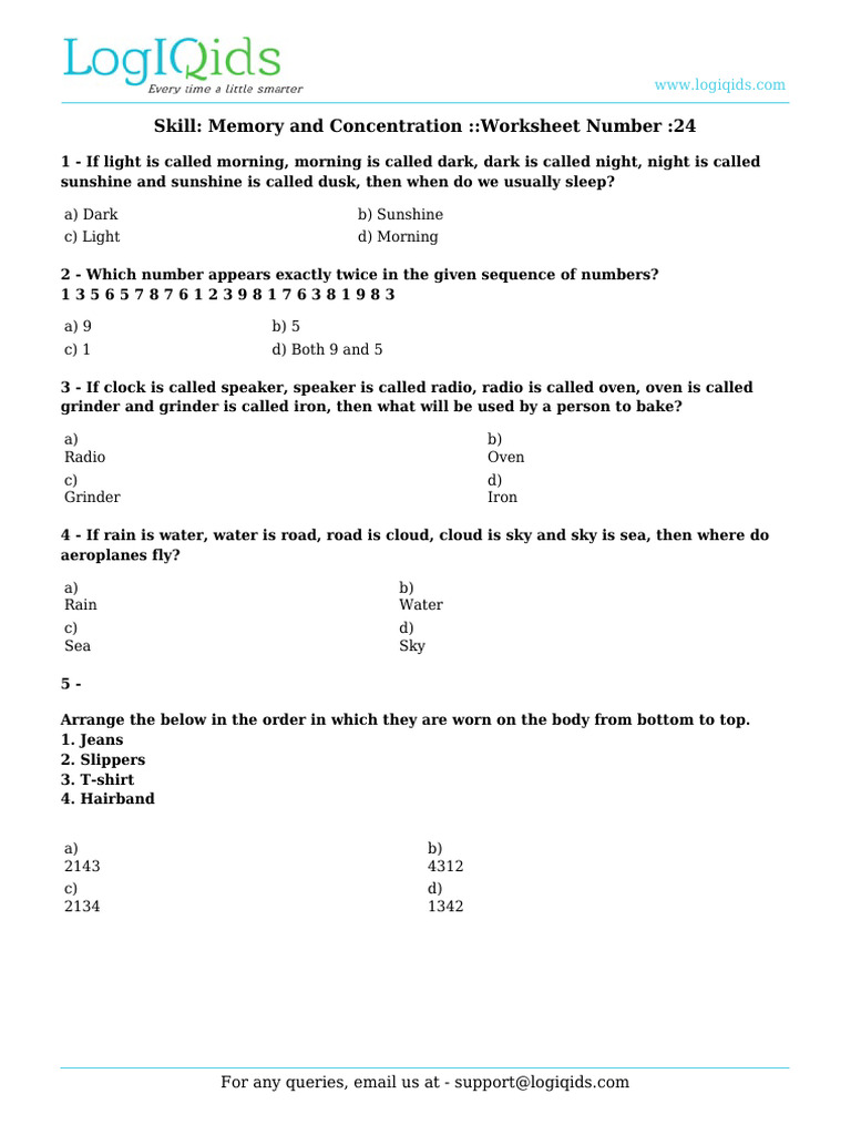 Skill: Memory and Concentration::Worksheet Number:24: A) Dark B ...