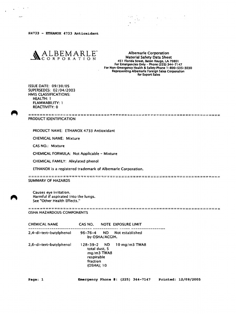Antyoxidant (Ethanox 4733) K180900470 | PDF