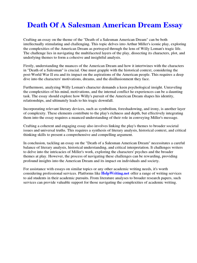 Death of A Salesman American Dream Essay | Download Free PDF | Essays ...
