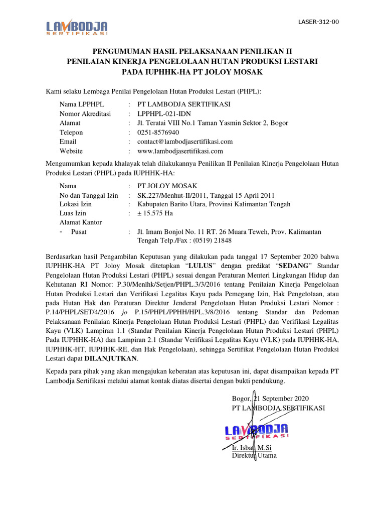 Penilaian Kinerja PHPL PT Joloy Mosak | PDF