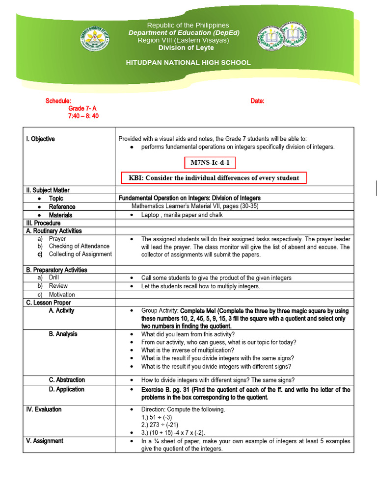 LP Math 7 (4) (Integers-Division) | PDF | Integer | Multiplication