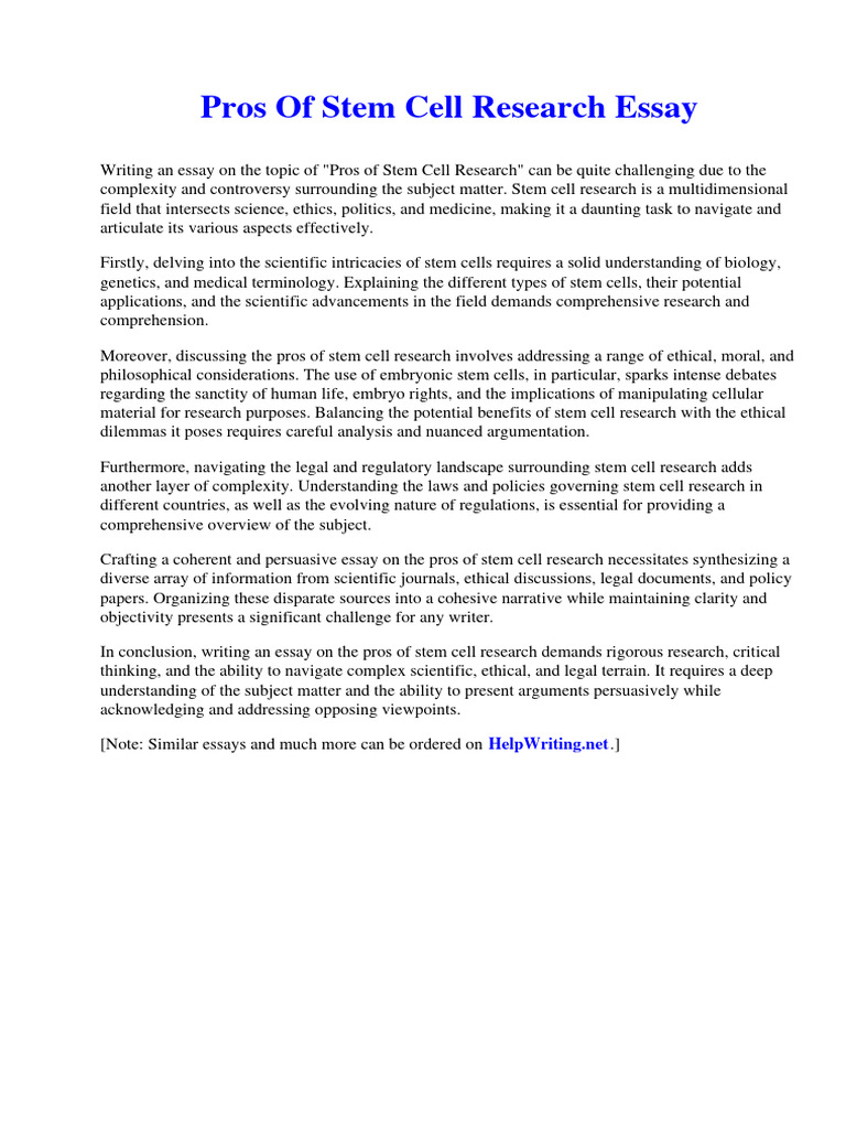 Pros of Stem Cell Research Essay | PDF | Stem Cell | Essays