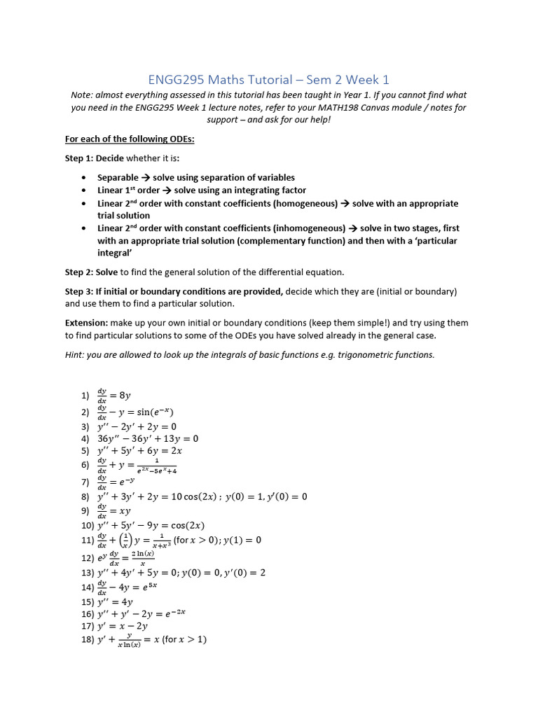 ENGG295 Week 1 Maths Tutorial | PDF | Ordinary Differential Equation ...