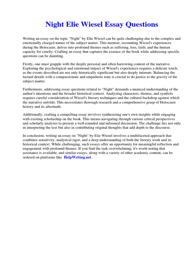 Night Elie Wiesel Essay Questions | PDF | Essays | Military Intelligence
