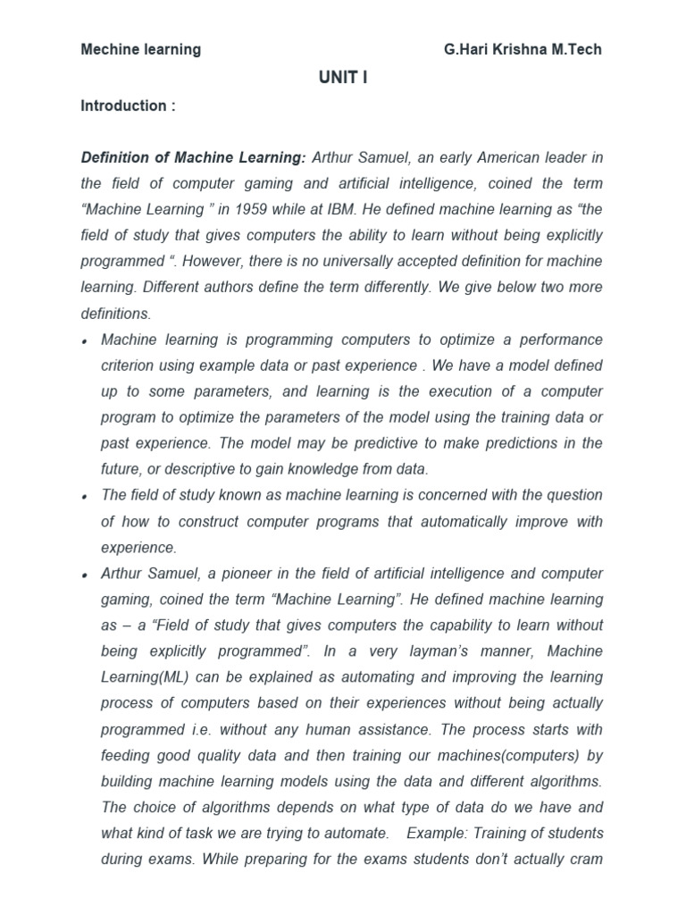 ML Unit I | Download Free PDF | Machine Learning | Statistical Classification