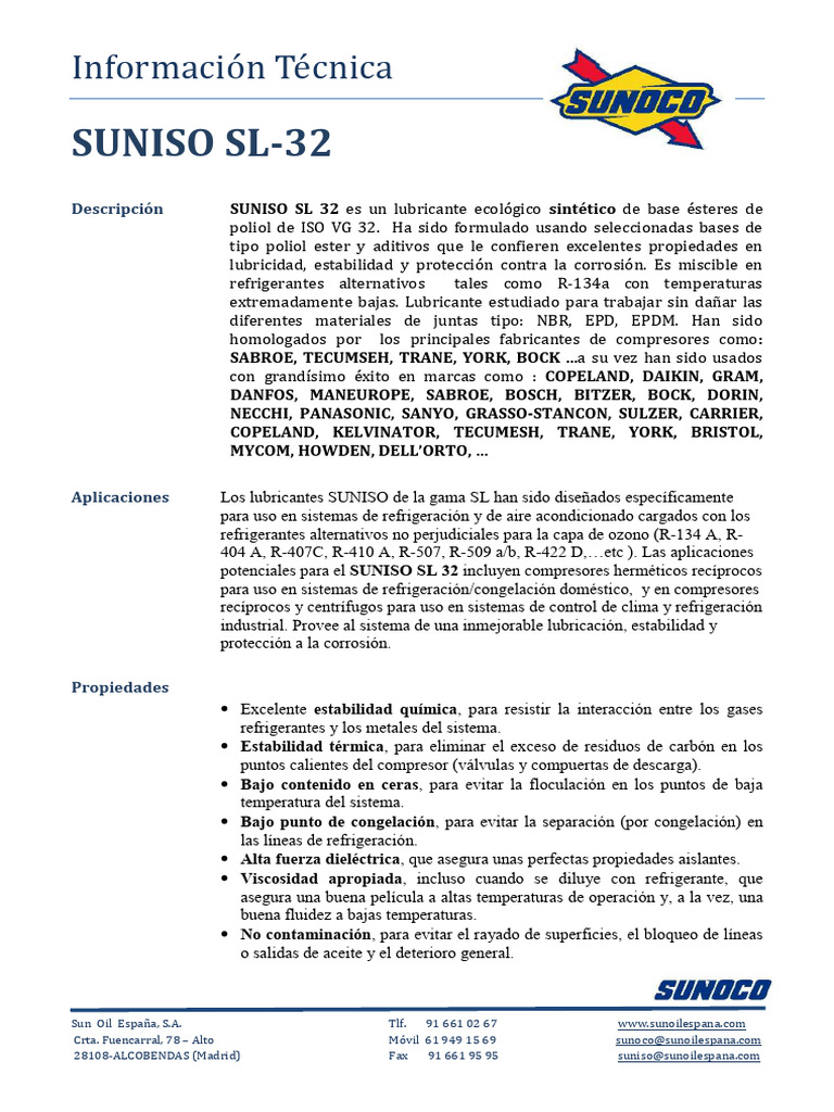 Suniso SL 32 | PDF | Lubricante | Ciencias fisicas