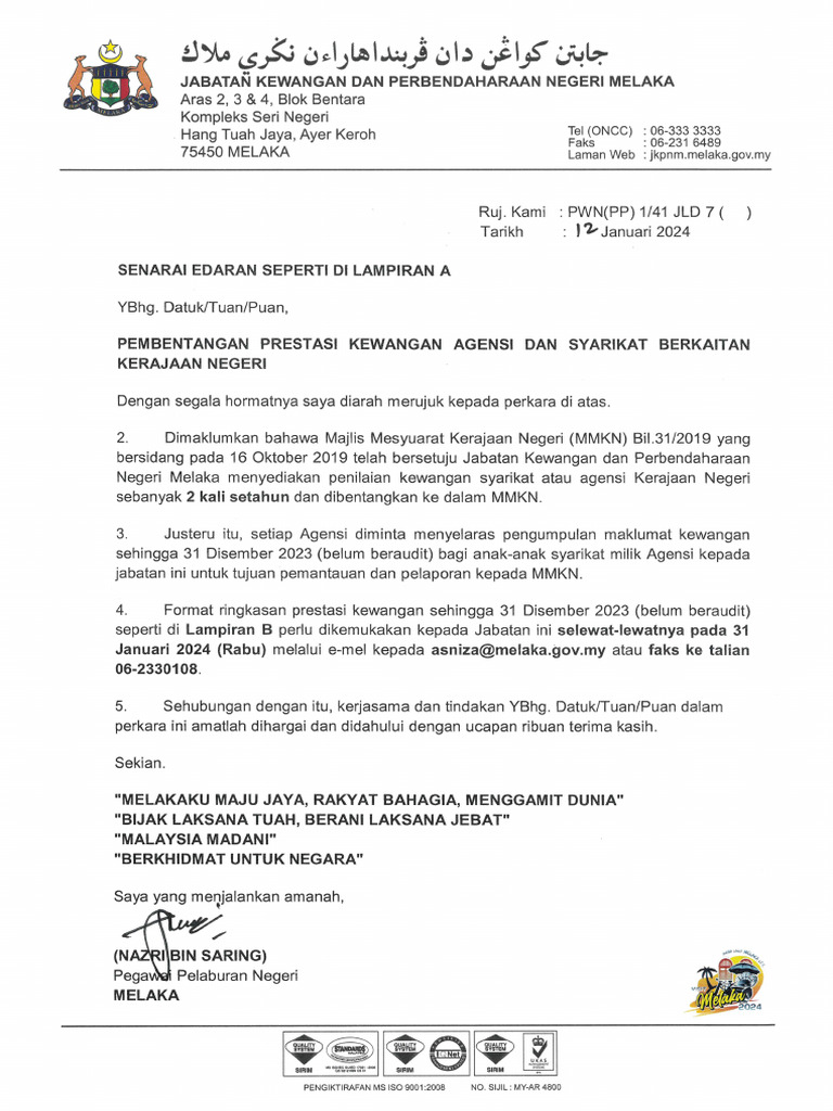 Surat Pembentangan Prestasi Kew Dis 2023 | PDF