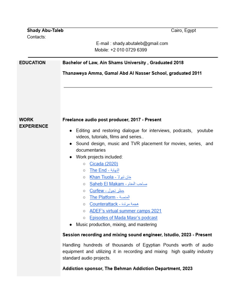 Shady Abu Taleb CV-1 | PDF | Studio