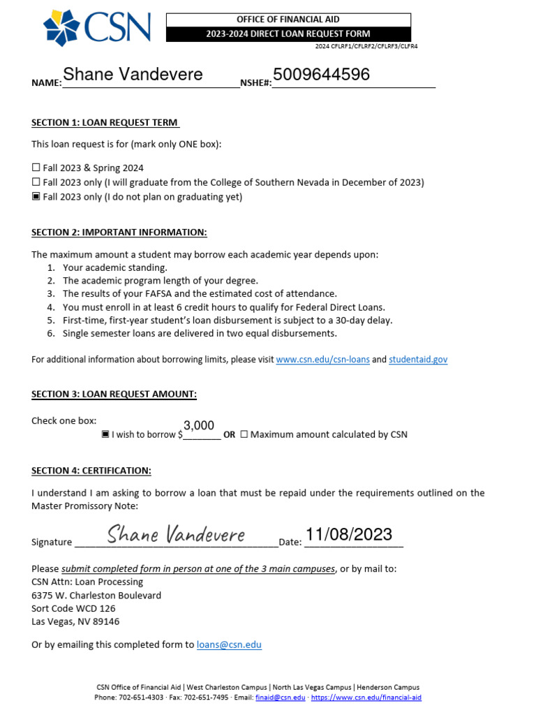 2023-2024 Direct Loan Request Form | PDF